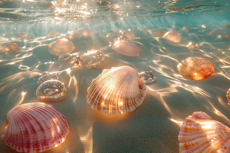 Beautiful Pink Shiny Seashells in Water. Generative AI. Stock ...