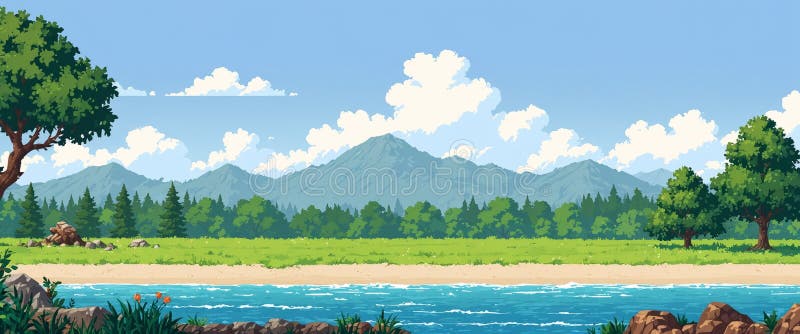 Beautiful Pixel Art UI Design with Outdoor Landscape Background. Stock ...