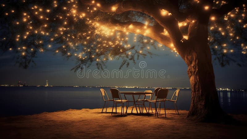 A Beautiful Place in the Night Under a Tree, Lamps Shining, Ai ...