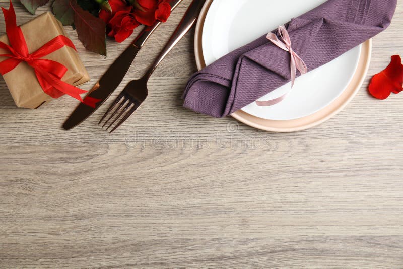 Beautiful Place Setting on Wooden Table Flat Lay with Space for Text ...
