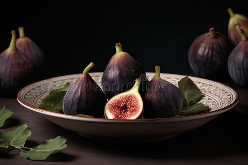 Beautiful Plate with Ripe Juicy Figs on the Table, Dark Background ...