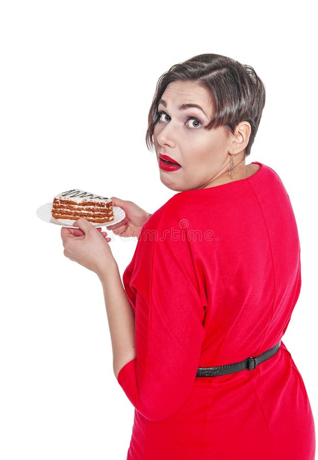Beautiful Plus Size Woman Eating Cake Isolated Stock Image - Image of ...