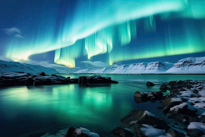 Beautiful Polar Lights in Mountain Winter Landscape Stock Illustration ...