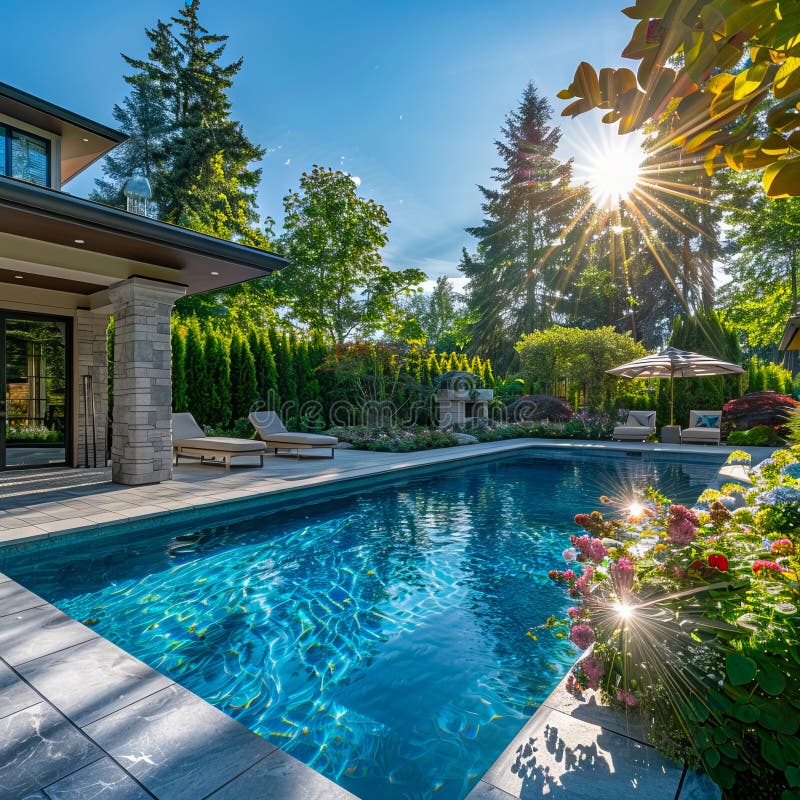A Beautiful Pool in a Backyard with Sun Shining Stock Image - Image of ...