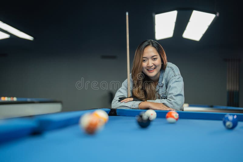 Beautiful Pool Player Smiling while Standing Crossing Hands on the Pool ...