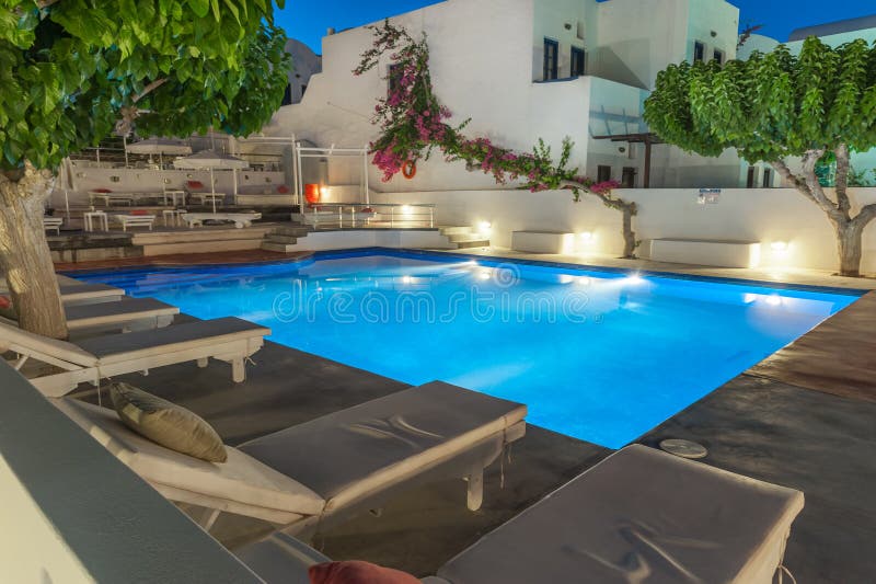 Beautiful Pool in Santorini by Night Stock Photo - Image of europe ...