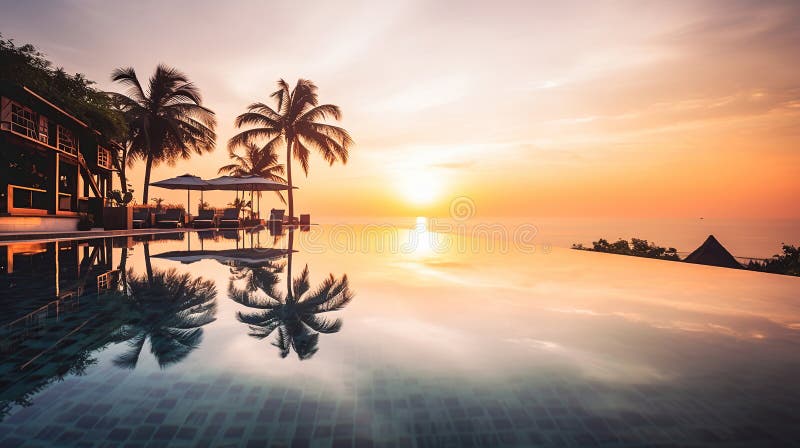 Beautiful Poolside and Sunset Sky with Palm Trees. Generative Ai Stock ...