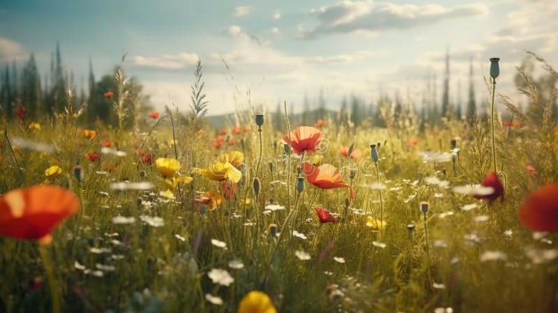 Beautiful Poppies, Daisys Field in the Spring Sunny Day. Generative AI ...