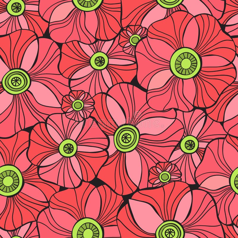 Beautiful Poppy Flowers Set, Colorful Vector Seamless Pattern. Stock ...