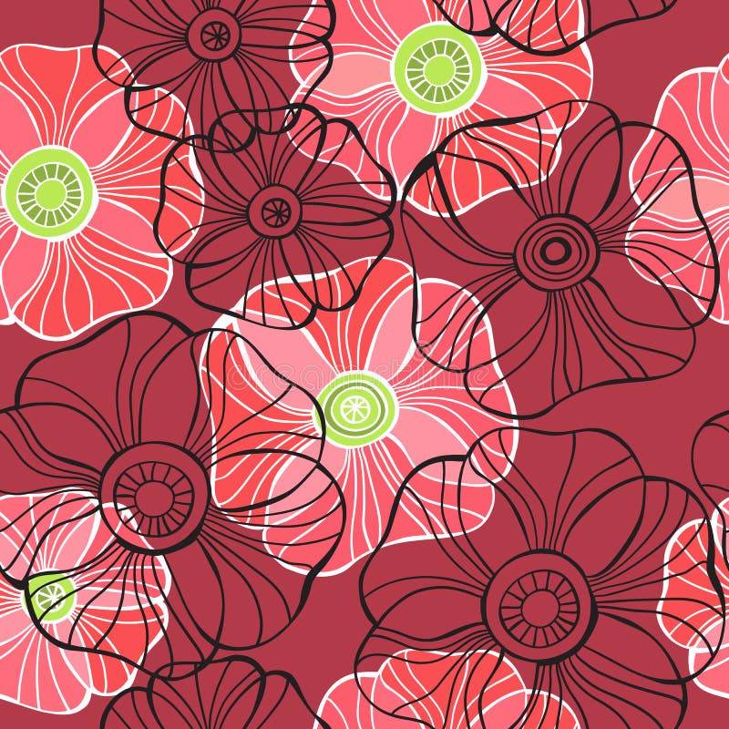 Beautiful Poppy Flowers Set, Colorful Vector Seamless Pattern. Stock ...