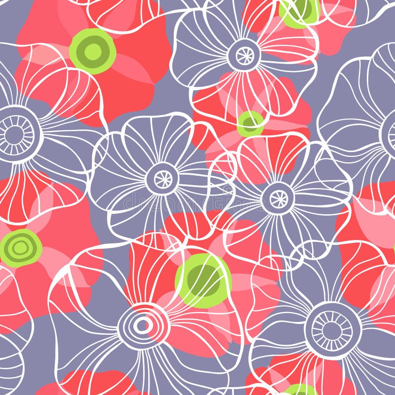 Beautiful Poppy Flowers Set, Colorful Vector Seamless Pattern. Stock ...