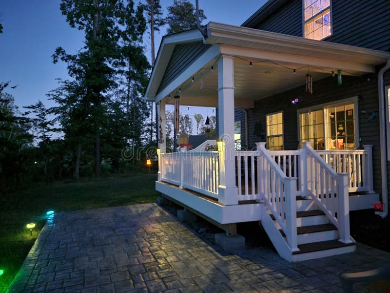 Beautiful Porch and Patio in the Evening Stock Image - Image of lights ...