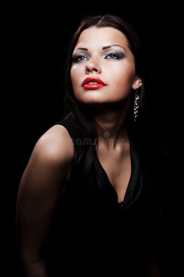 Beautiful Slender Girl Red Lips Posing Against Background Stock Photos ...
