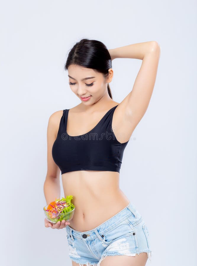 Beautiful Portrait Young Asian Woman Smiling Holding Salad Vegetable
