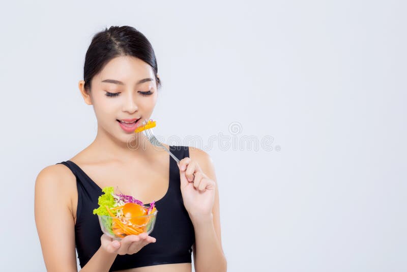 Beautiful Portrait Young Asian Woman Smiling Holding Salad Vegetable