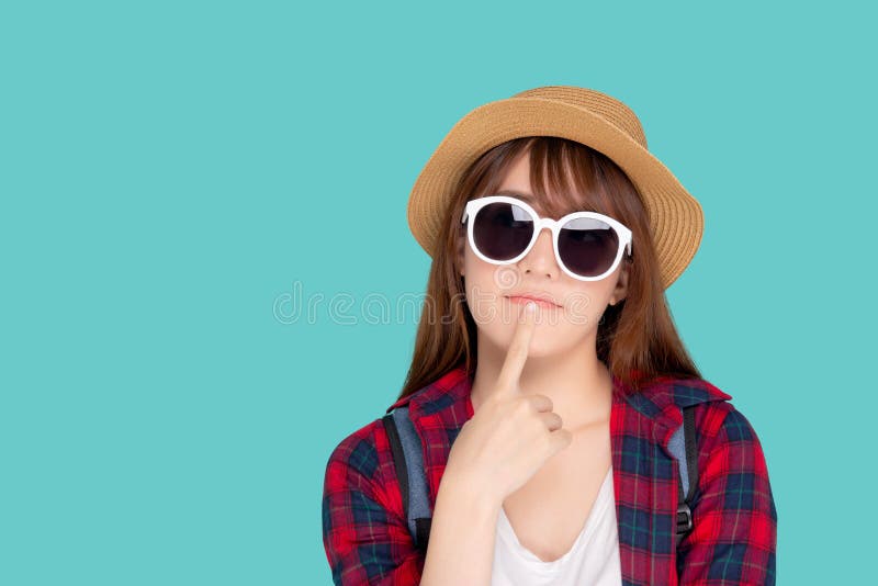 Beautiful Portrait Young Asian Woman Wear Sunglasses And Hat Having