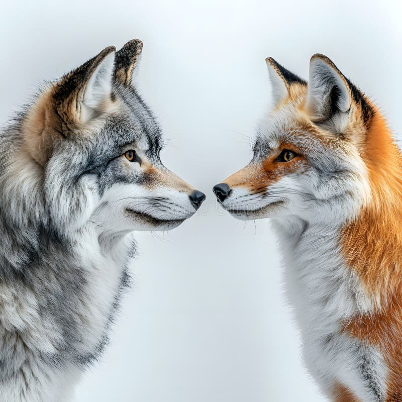 Beautiful Portraits of Wolf and Fox Isolated on White Background Stock ...