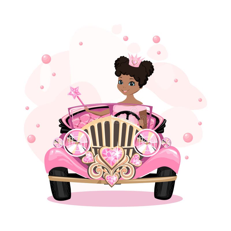 Princess Driving a Pink Car Decorated with Heart-shaped Jewels Stock ...