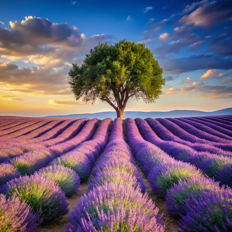 Provence Tree in Lavender Field Stock Illustration - Illustration of ...