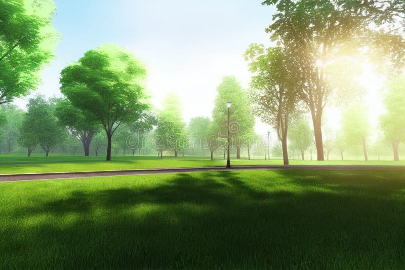 Beautiful Public Park with Green Grass Field on Morning Light Created ...