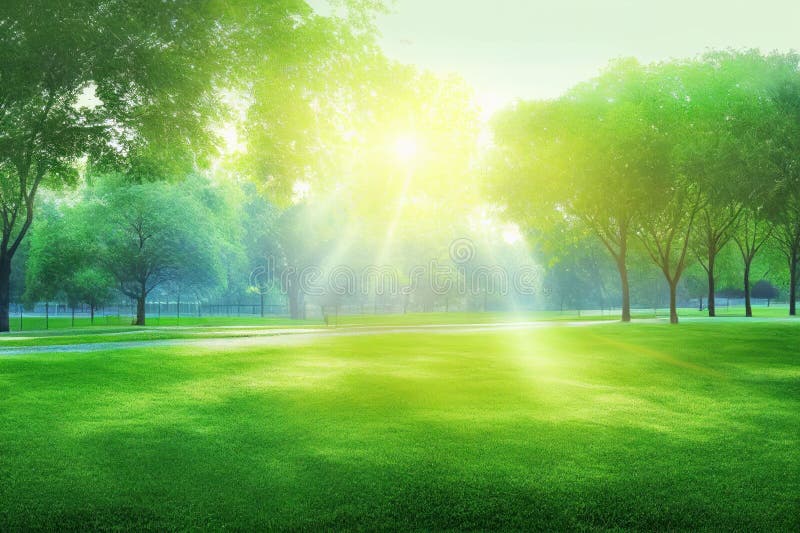 Beautiful Public Park with Green Grass Field on Morning Light Created ...