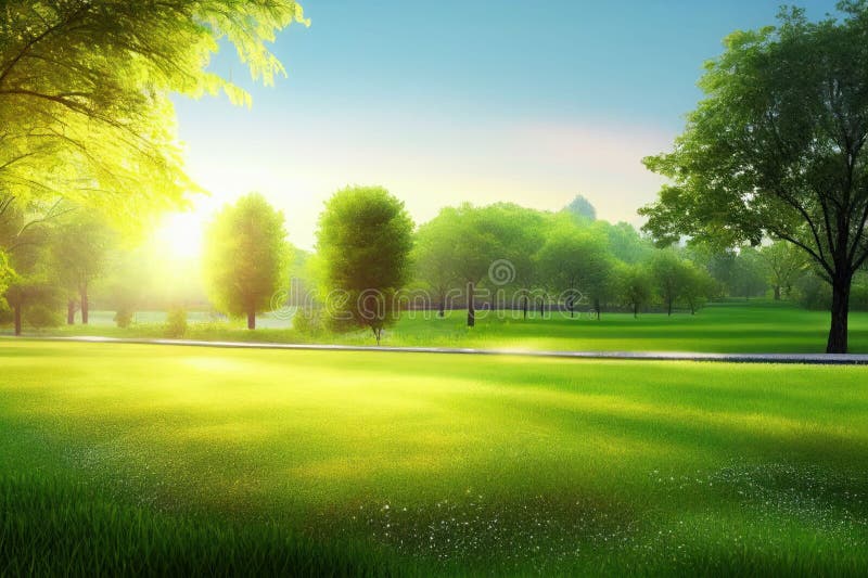 Beautiful Public Park with Green Grass Field on Morning Light Created ...