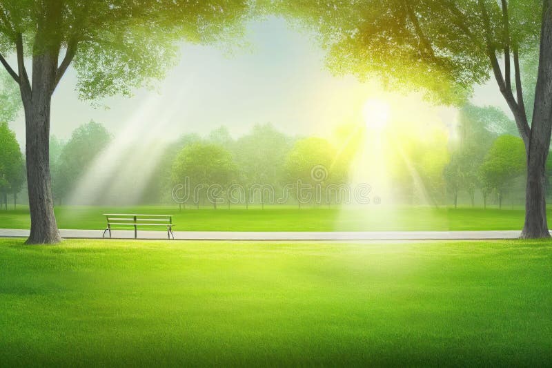 Beautiful Public Park with Green Grass Field on Morning Light Created ...