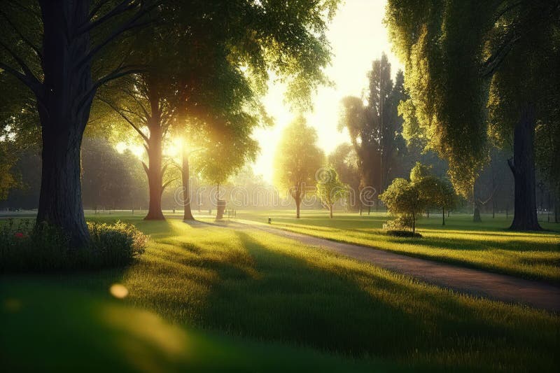 Beautiful Public Park with Green Grass Field on Morning Light Created ...