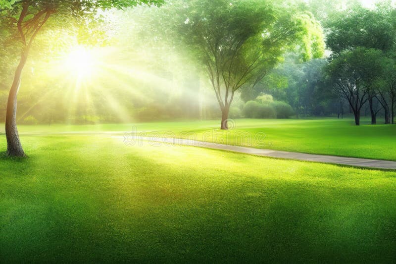 Beautiful Public Park with Green Grass Field on Morning Light Created ...