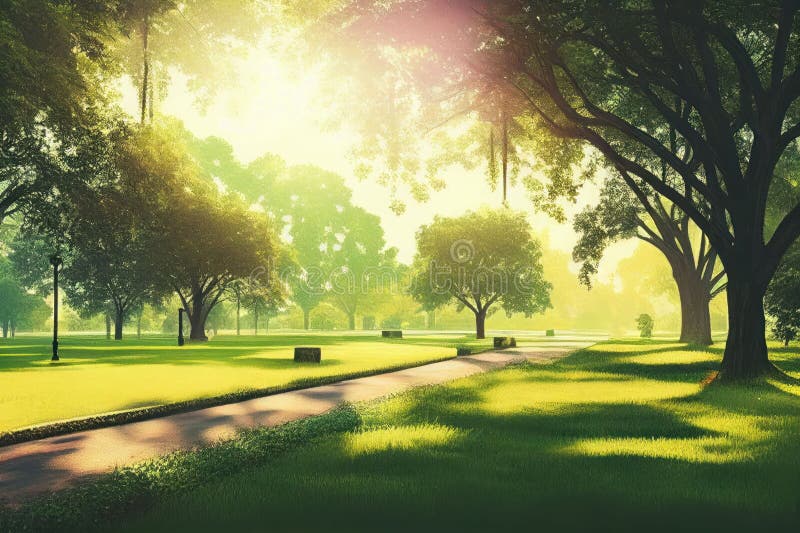 Beautiful Public Park with Green Grass Field on Morning Light Created ...
