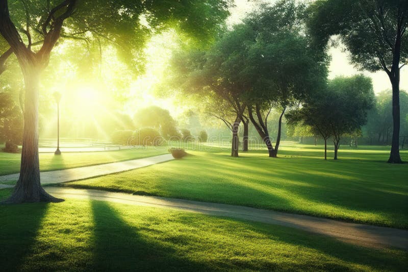 Beautiful Public Park with Green Grass Field on Morning Light Created ...