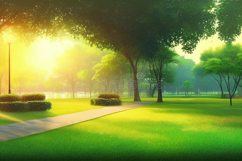 Beautiful Public Park with Green Grass Field on Morning Light Created ...