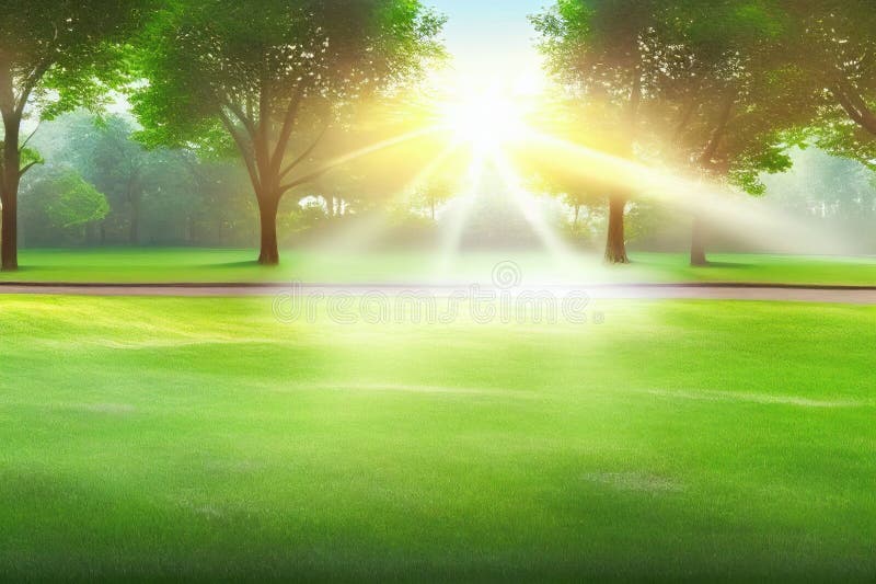 Beautiful Public Park with Green Grass Field on Morning Light Created ...