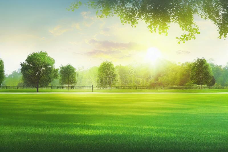 Beautiful Public Park with Green Grass Field on Morning Light Created ...