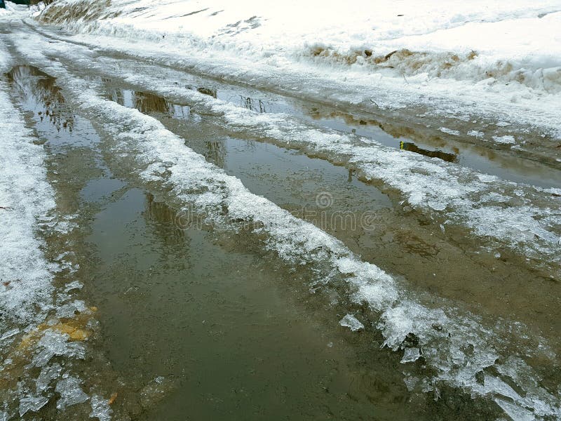 Beautiful Puddles with Ice Crust, Snow and Reflection in Winter or ...