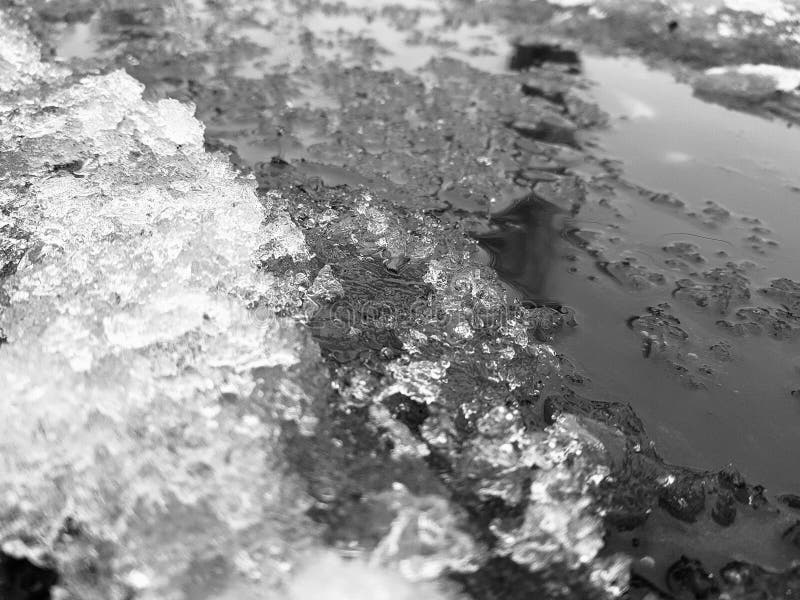 Beautiful Puddles with Ice Crust, Snow and Reflection in Winter or ...