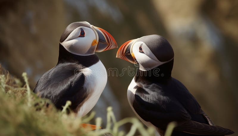 A Beautiful Puffin Pair Perching on a Branch, Looking at Camera ...