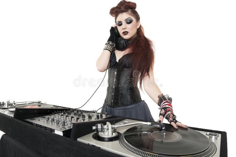 Beautiful DJ with Sound Mixing Equipment Over White Background Stock ...