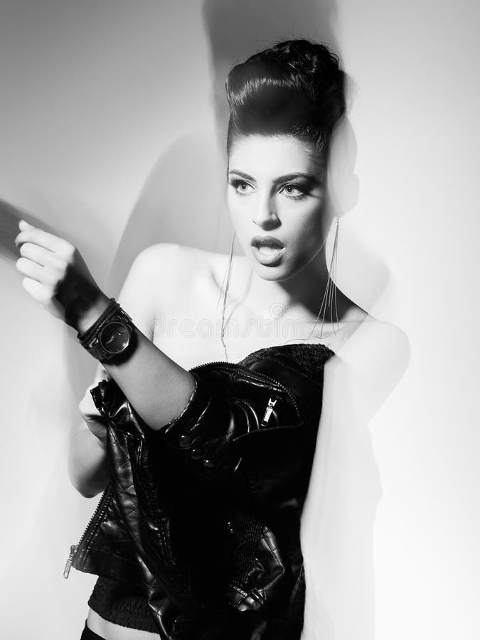 Beautiful Punk Woman Model Posing in Leather Jacket Stock Image - Image ...