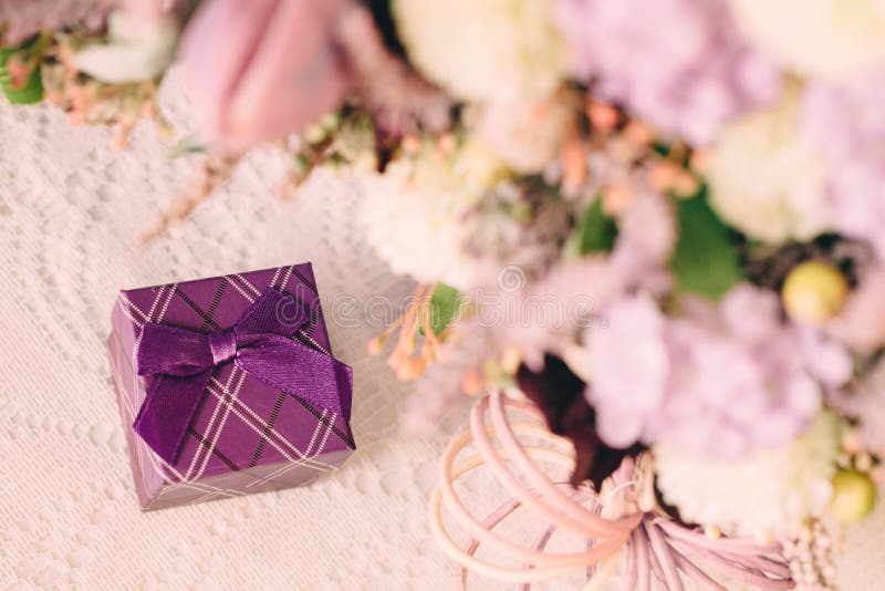 Beautiful Purple Box for a Gift in Flowers Stock Photo - Image of ...
