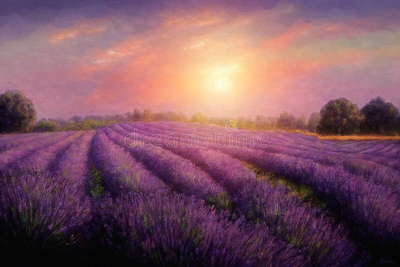Beautiful Purple Lavender Field at Sunset. Painting Effect. Stock ...