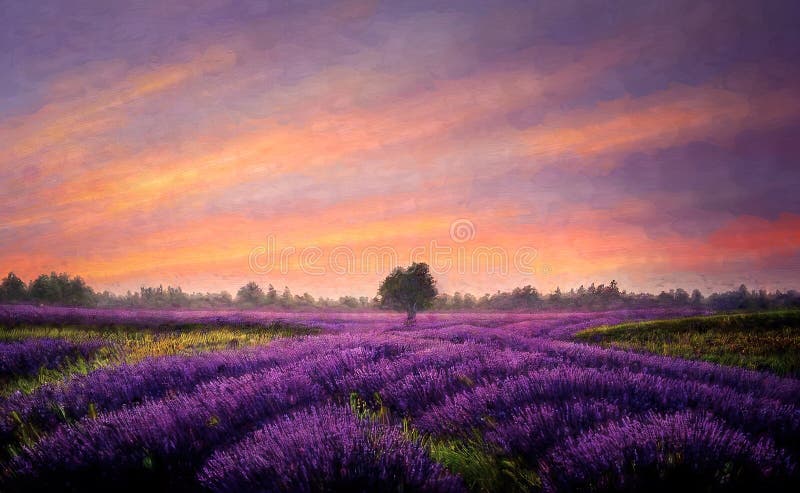 Beautiful Purple Lavender Field at Sunset. Painting Effect. Stock ...