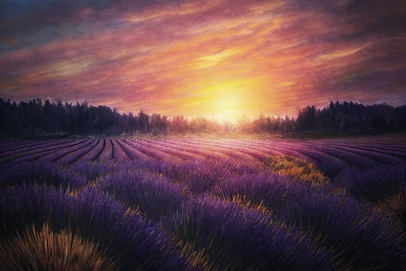 Beautiful Purple Lavender Field at Sunset. Painting Effect Stock Photo ...