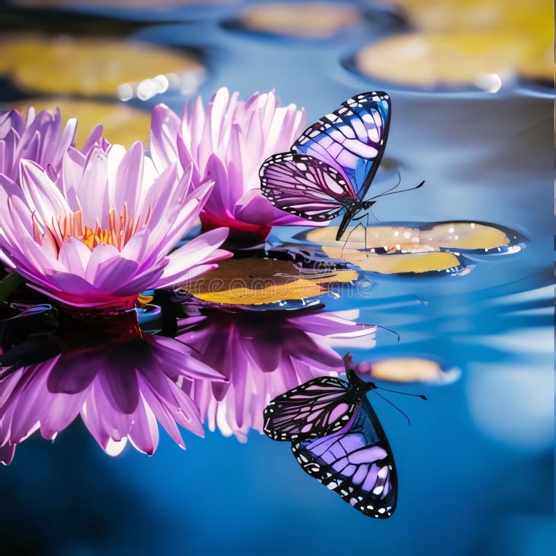Beautiful Purple Lotus and Butterfly on the Water Surface with ...