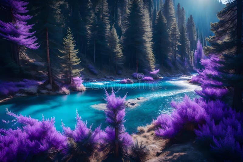 Beautiful Purple Pine Forest, Turquoise Stream, and Mountainous ...