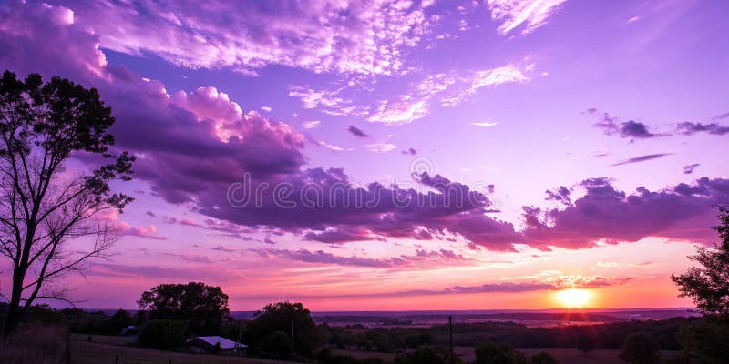 Beautiful Purple Sky with Sun Setting Down on Right Stock Illustration ...