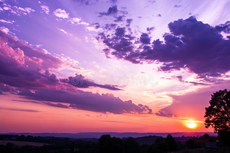 Beautiful Purple Sky with Sun Setting Down on Right Stock Illustration ...
