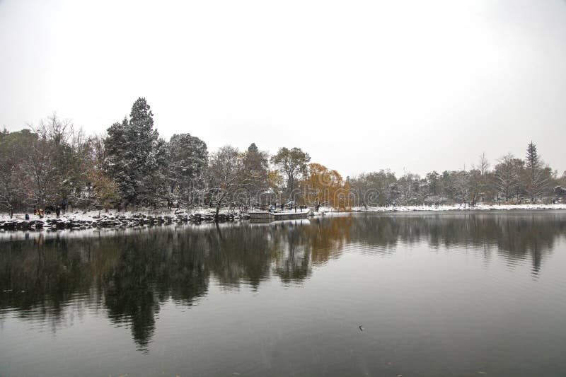 The Beautiful and Quiet Lake Reflects the Trees and Snow on the Shore ...