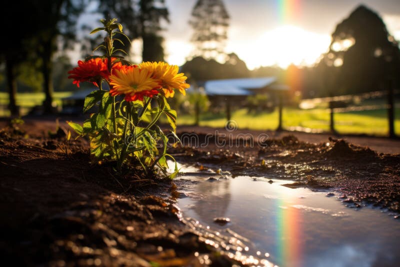 Rainbow Flowers on Wet Ground after Rain. Ai Generated Stock Image ...