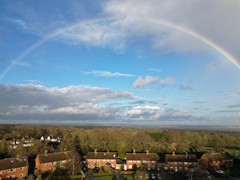 Beautiful Rainbow Over a Residential Area Skyline Stock Photo - Image ...